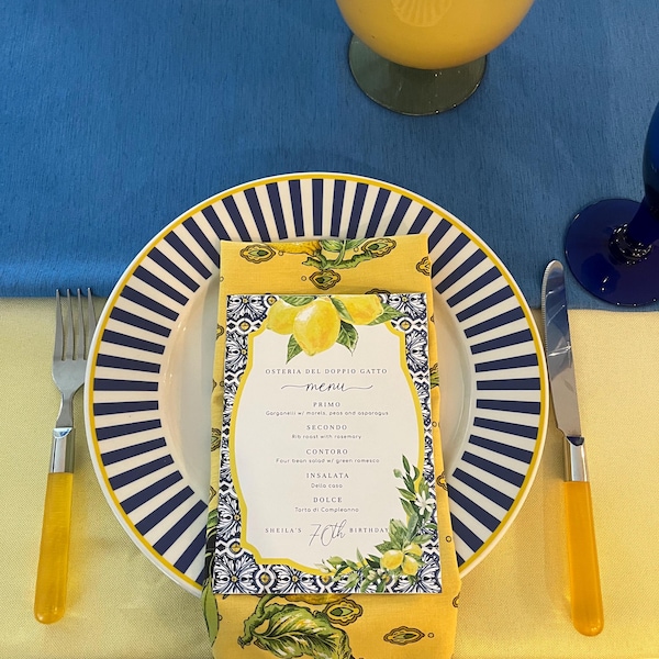 Printable Menu Template, Positano Blue Tile Lemons, Wedding Table Menu ...