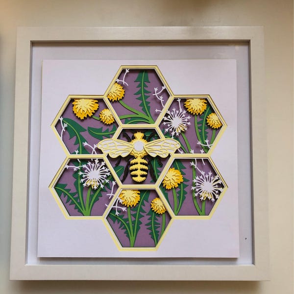 3D Bee Shadow Box SVG Layered Dandelions SVG, Spring Shadow Box, Honey ...