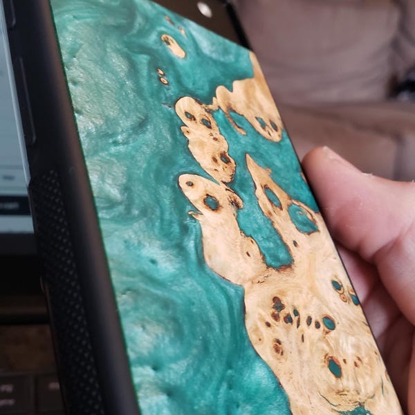 Sky Blue Resin Real Wood Handmade Case for iPhone 16, 15, 14, 13, 12 ...