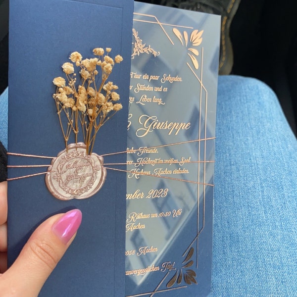 Blue Foil Acrylic Wedding Invitation: Floral Embellishments - Etsy