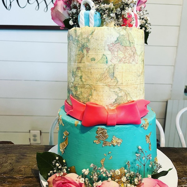 Vintage World Map Edible Cake Wrap or Pinwheel and Congrats Cake ...