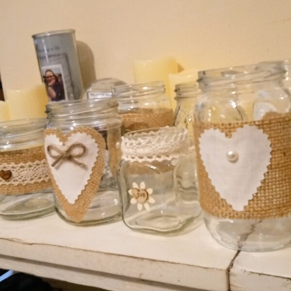 12 Jam Jar Table Centrepiece Jute Band and a Pearl Rustic/vintage Style ...