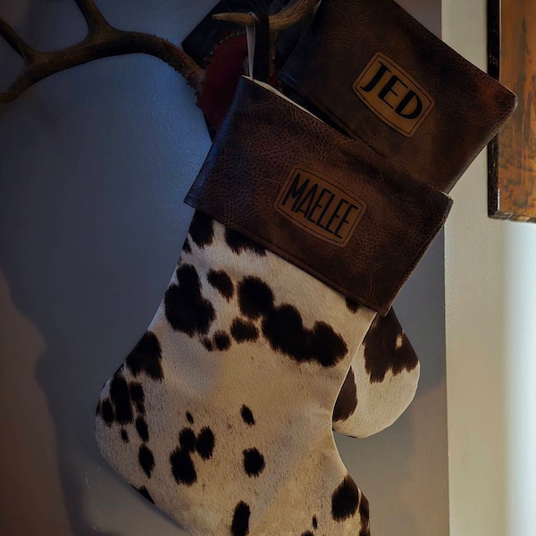 Cow Print Christmas Stockings, Cowhide Print, Burnt Orange, Tri Color ...