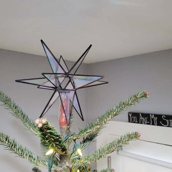 Small Stained Glass Tree Topper, Iridescent Clear Glass, Moravian Star ...