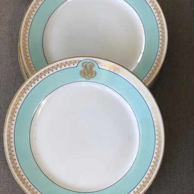 12 Antique Spode Dinner Plates W Spring Green Border, Hand Painted ...