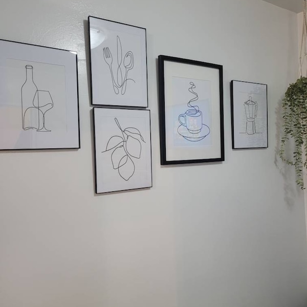 Kitchen Wall Art Set of 5, Line Drawing Kitchen Prints, Housewarming ...