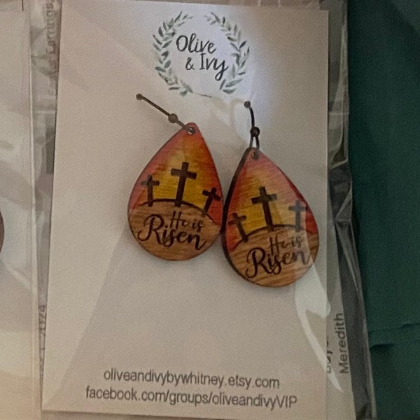 Easter Earrings, He is Risen Earrings, Cross Earring, Wood Easter ...