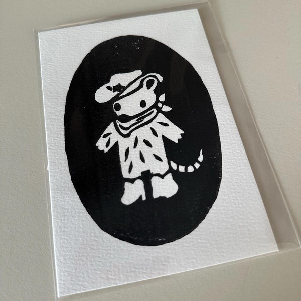 Cowboy Opossum Linocut Block Print | 4 X 6 Mini Print | Printmaking ...