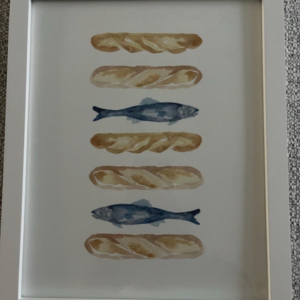 Fish and Loaves Watercolor Print, Jesus Feeding 5000, Christian ...