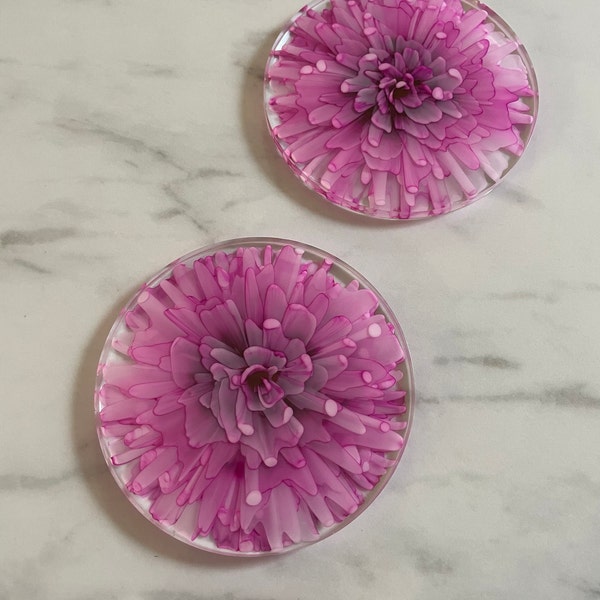 Colorful Blooms on Gray Resin Round Coaster, Set of 2, Drink Coaster ...
