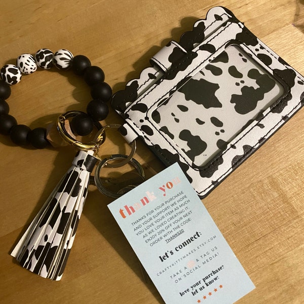 Cow Print Beaded Wristlet Keychain| Cow Print Silicone Bead Bangle ...