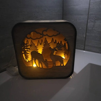 Wooden Night Lamp Deer Forest Scene Multilayer Shadowbox Laser Cut ...