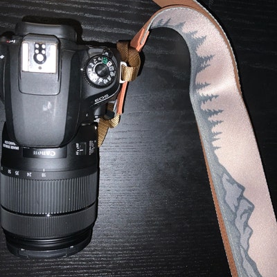 Camera Strap MT and Trees Landscape Pine Trees & Mountains Outdoors Tan ...
