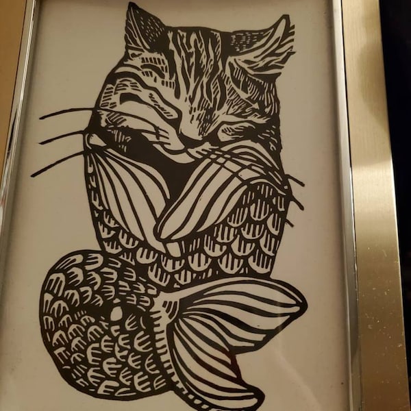 Merkitten, Original Linoleum Block Print Handprinted on Cotton Rag ...