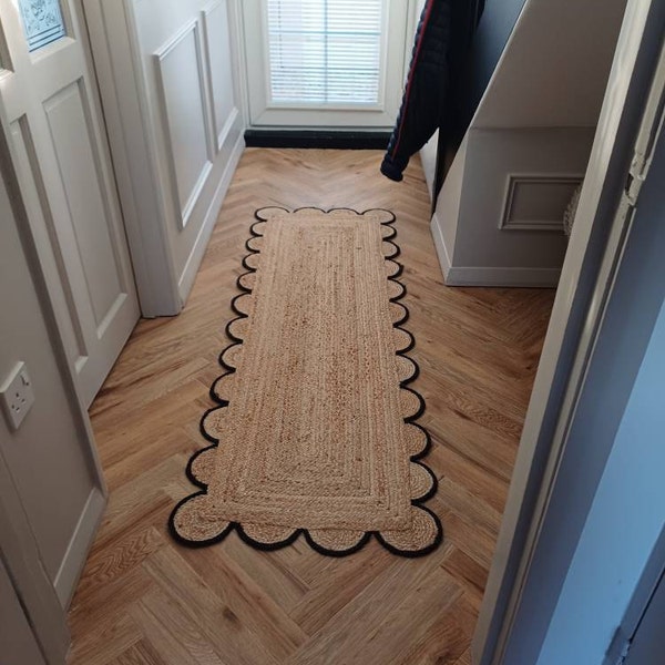 Braided Area Runner, Scallop Natural Jute Runner, Black Scalloped Edge ...