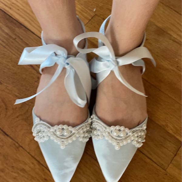 Light Blue Satin Pointy Toe Flats With SMALL PEARLS APPLIQUE and Satin ...