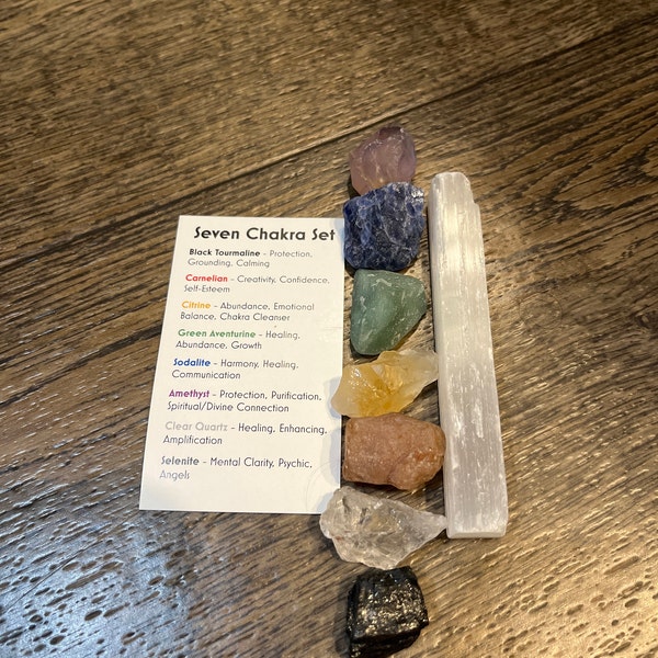 7 Chakra Crystal Set & Selenite Wand - Raw Crystal Chakra Kit - Rough ...
