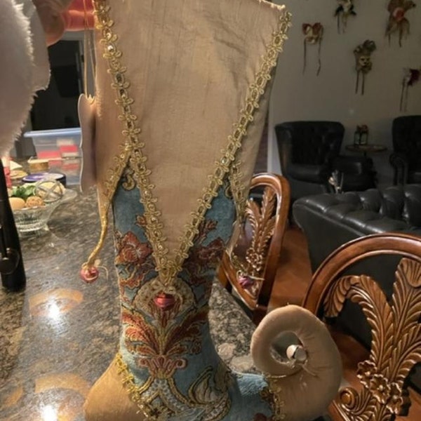 Navy Blue & Gold Brocade Elf Toe Stocking With Gold Trim - Etsy