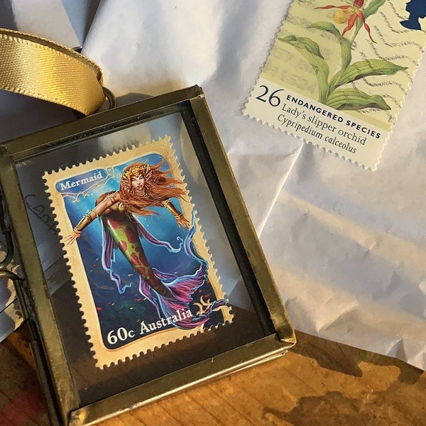 Miniature Mermaid Art Framed Postage Stamp Ornament - Be a Mermaid in A ...