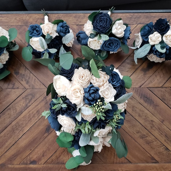 Steel Blue and Navy Wedding Bouquet, Cascading Bouquet, Sola Wood ...