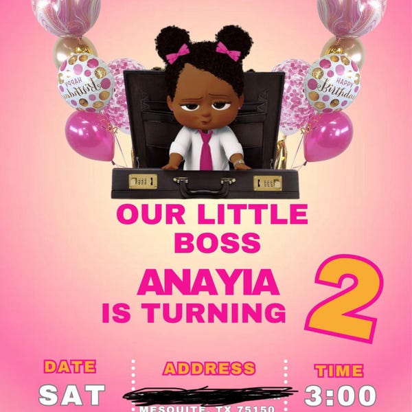 Editable Black Girl Baby Boss Girl Birthday Invitation | Boss Baby ...