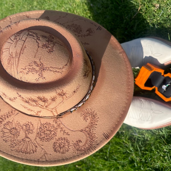 Beautiful Original Floral Freehand Custom Felt Burned Wide Rim Fedora ...