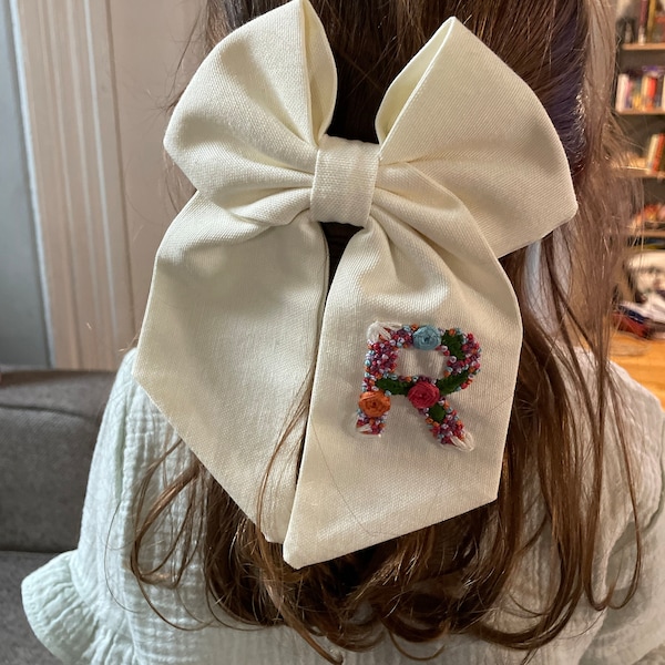 Initial Hand Embroidered Bow Custom Initial Bow Hair Bow Floral Hair ...