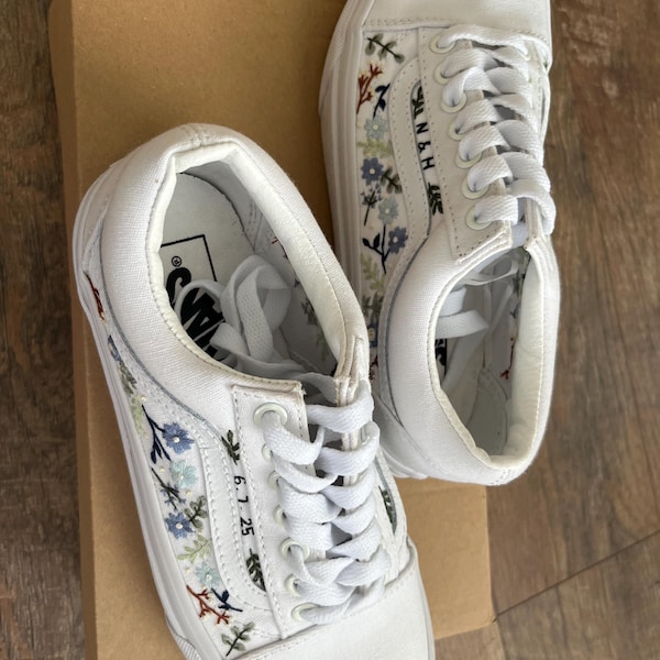 Wedding Vans for Bride and Groom, Blue Flowers Embroidered Vans Custom ...