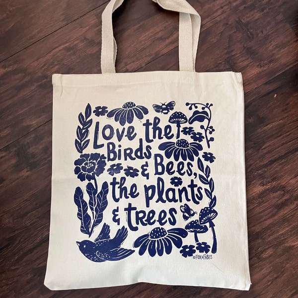 Illustrated Nature Tote Bag Floral Birds Bees Plants Tree Heavy Duty ...