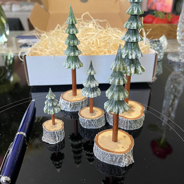 Hand Carved Wooden Pine Tree Set: Green Home Decor - Etsy