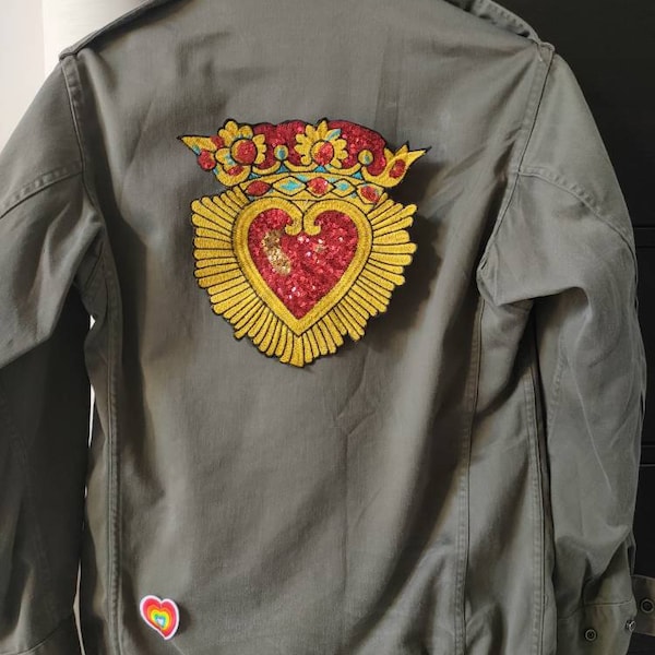 Large Sacred Heart Patch Red Sequins Sew on Patches Baroque Gold ...