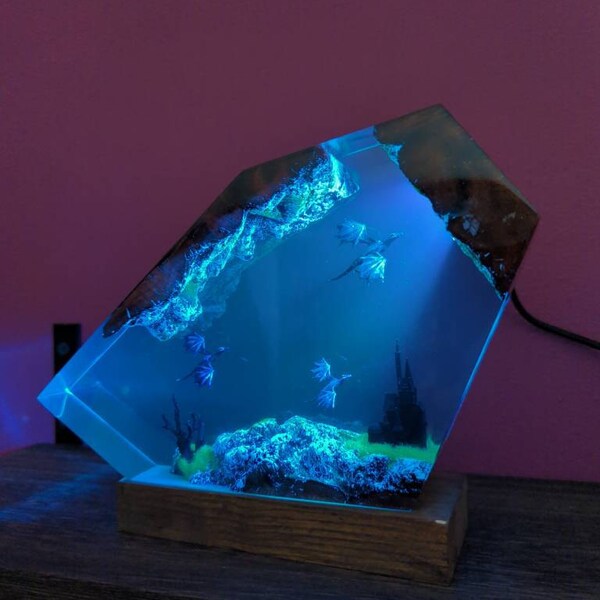 Tiger Shark and Diver Resin Lamp, White Shark and Jellyfish Epoxy Resin ...