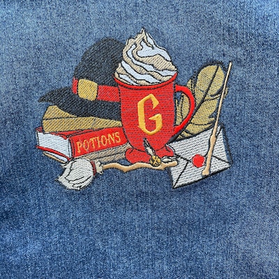 Red Wizard Books With Broom, Wand and Potion Sketch Filled Embroidery ...