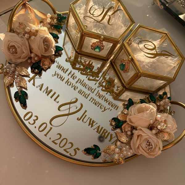 Personalised Wedding / Nikkah Ring Plate With Ring Stand and Maroon ...