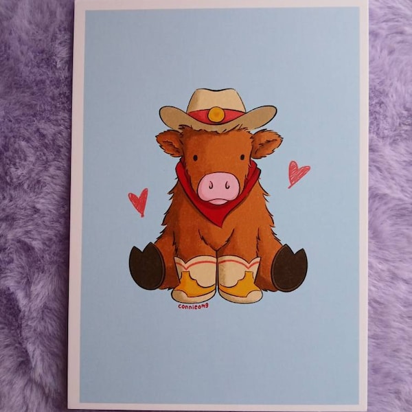 Cute Cowboy Cow - Art Print | 5x7 Art Print | Hand Drawn Illustration ...