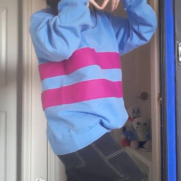 Frisk Zip Front Hoodie, Blue Hooded Sweatshirt With Magenta Stripes ...