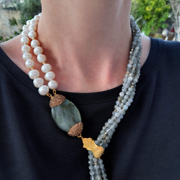 Chunky Pink White Rose Quartz Nejef Heart Pendant Wedding Necklace ...