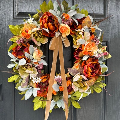 Fall Wreath With Sign for Front Door, Rust Leaves Autumn Wreath, White ...