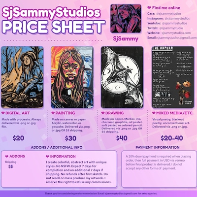 Easy PSD DIY Custom Pricing Commission Sheet Template for Artists, Crafters, Freelancers Cute ...