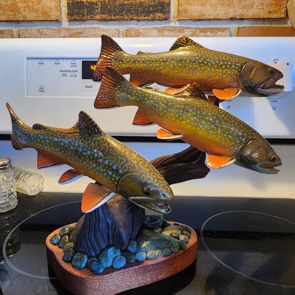 Brook Trout Flyfishing Wood Carving Handmade Carved Fishing 3D ...