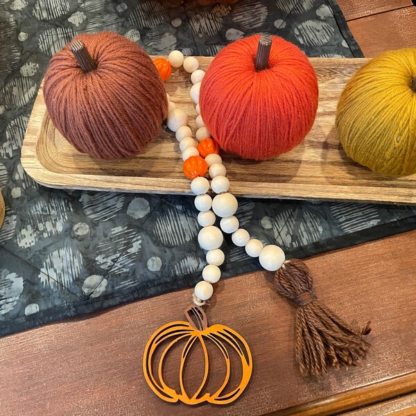 Farmhouse Wood Bead Garland, Fall Pumpkin Wooden Bead Garland, Tiered ...