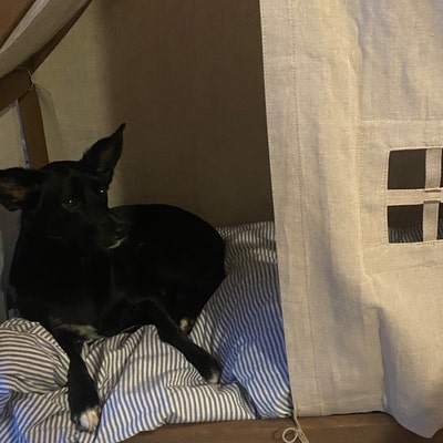 Modern Dog House With a Front and Back Linen Cover, Indoor Dog Bed, Pet ...