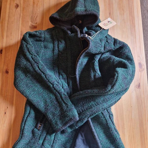 Warm Green Wool Jacket, Double Knitted Thick Fleece Lined Hooded Coat ...
