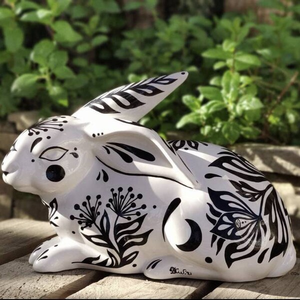 Hand Painted Upcycled Ceramic Rabbit - Vintage Bunny Handpainted With ...