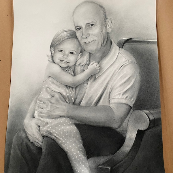 Original Pencil Drawing Grandfather and Baby, Realistic Portrait From ...