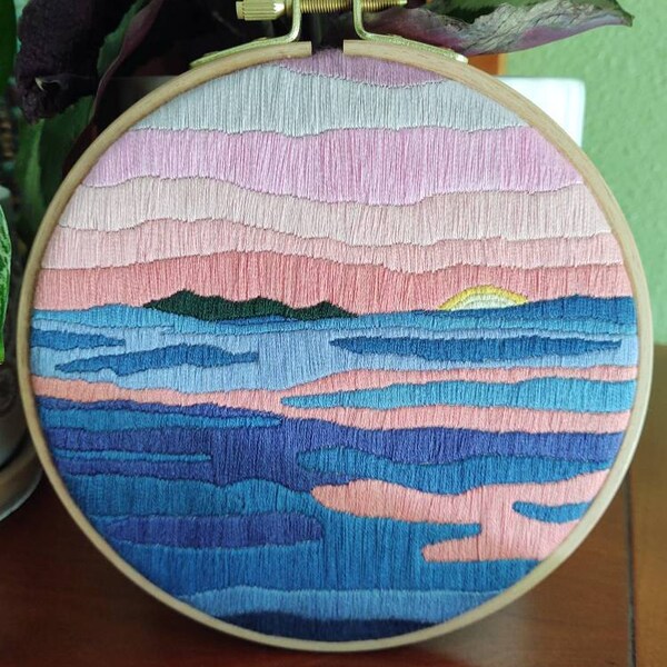 Sunset Ocean Scene Embroidery Pattern Satin Stitch Digital Pattern for ...