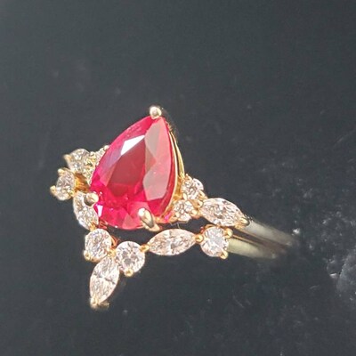 Vintage Kite Shaped Ruby Engagement Ring Set, Ruby Ring for Women, Ruby ...