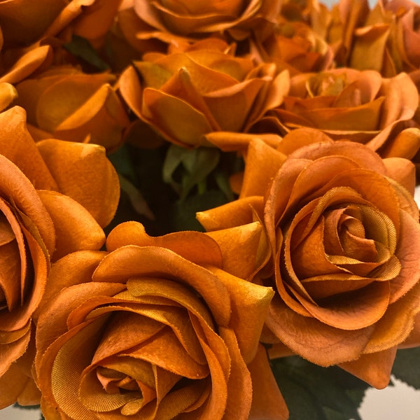 16" Burnt Orange Real Touch Faux Roses, Terracotta Rust Rose Artificial ...