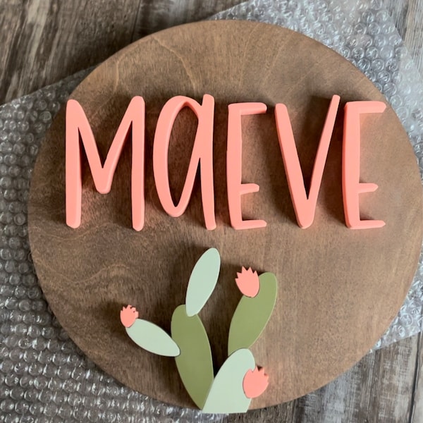 Wooden Name Sign Cactus | 3D Name Sign Wood | Cactus Nursery Decor ...
