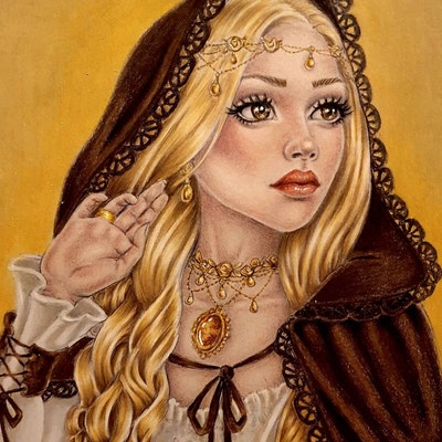 Amber Coloring Page GRAYSCALE Illustration Fae Hood Woman Princess ...